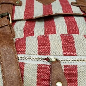 Bags | Natural Fabric Red Strip Backpack | Poshmark
